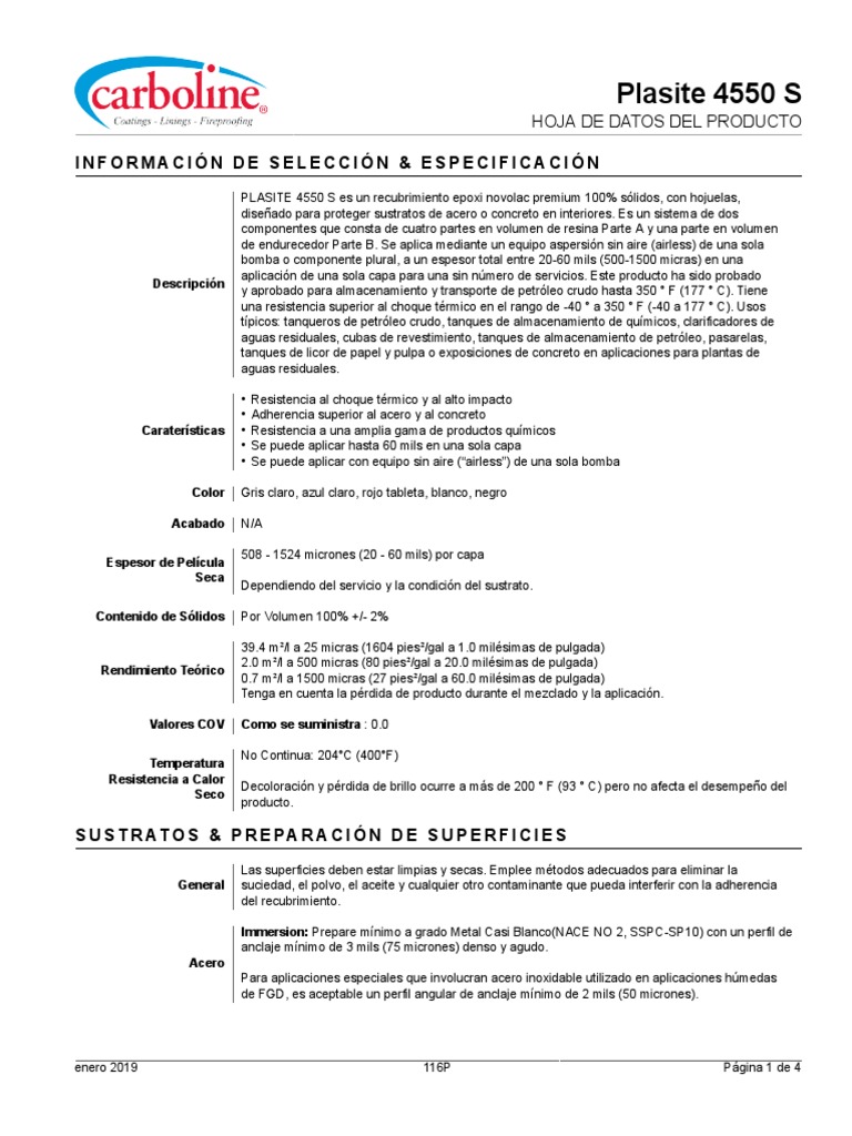 Plasite 4550 S PDS | PDF | Revestimiento | Epoxy