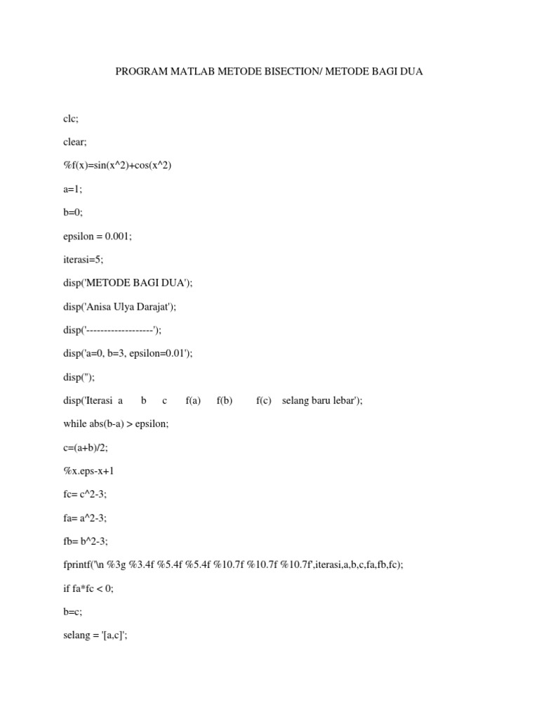Program Matlab Metode Bisection PDF | PDF