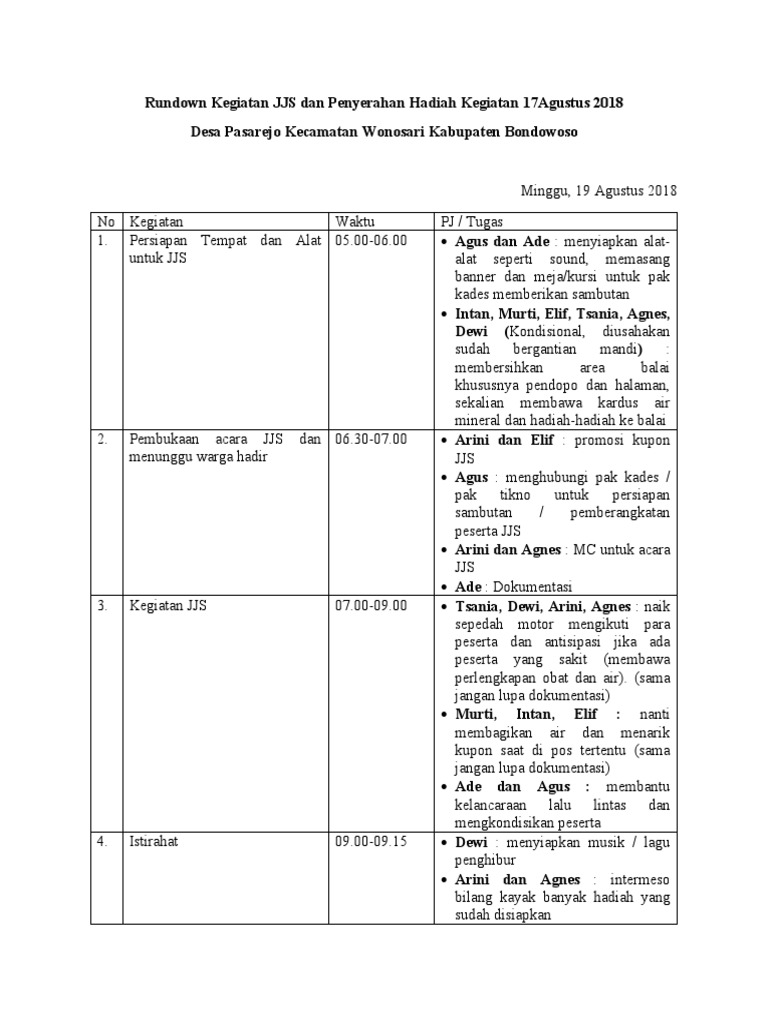 Rundown Kegiatan JJS Dan Penyerahan Hadiah Kegiatan 17agustus 2018 | PDF
