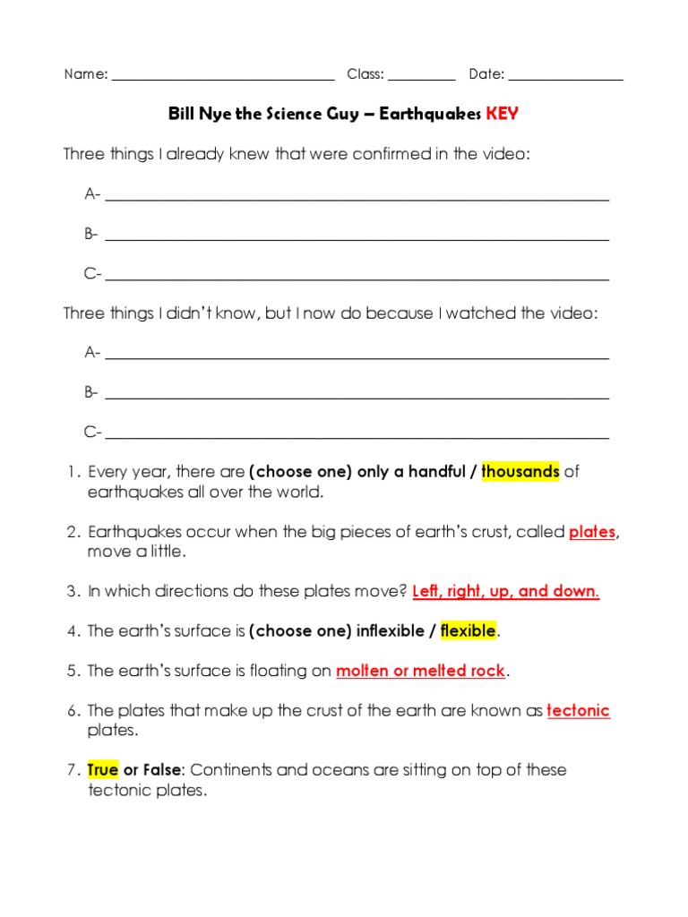 15 Bill Nye - Earthquakes Worksheet Key | PDF