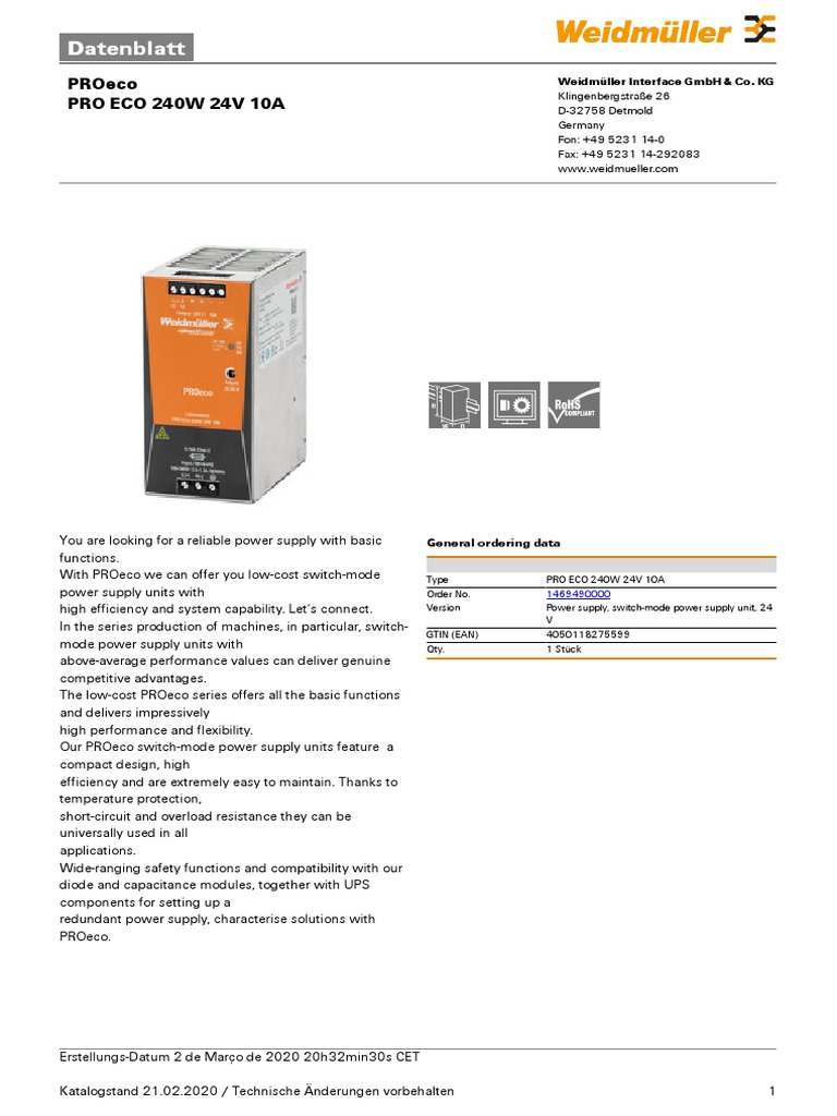 PRO ECO 240W 24V 10A Power Supply Data | PDF | Alternating Current ...