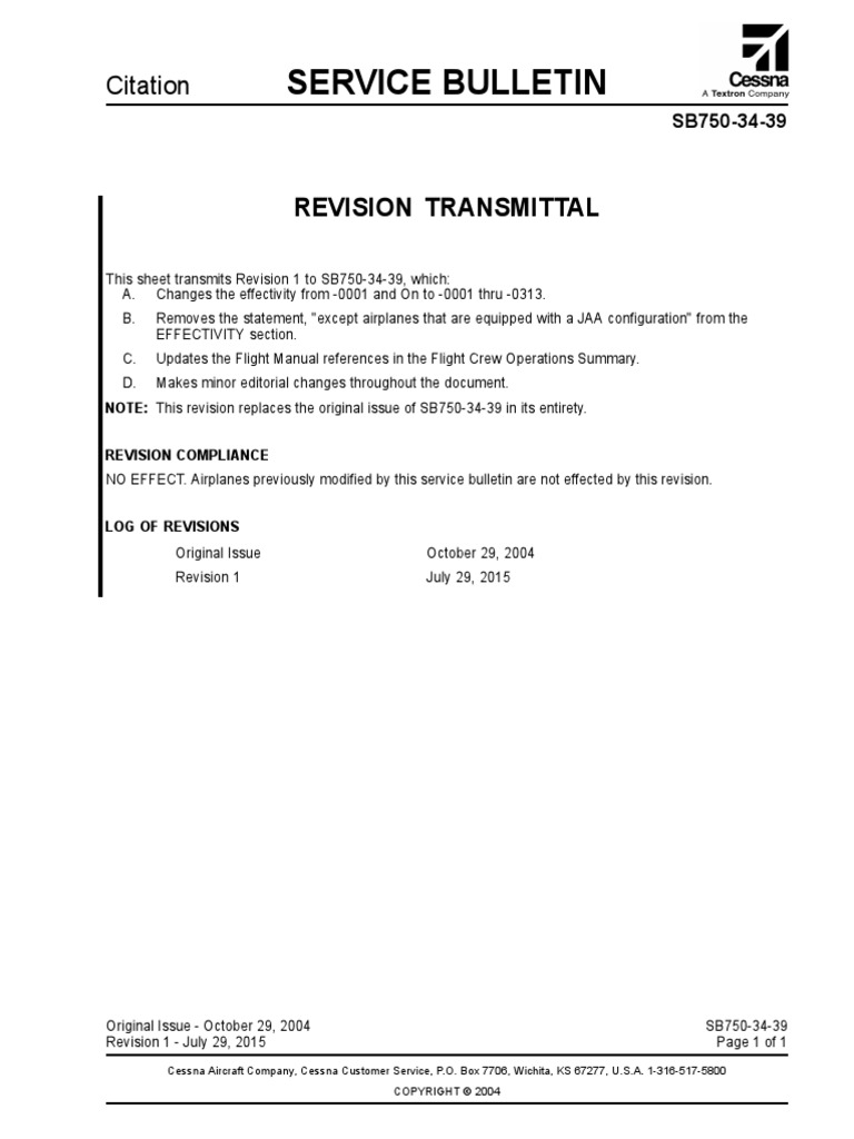 Service Bulletin | PDF | Runway | Cessna