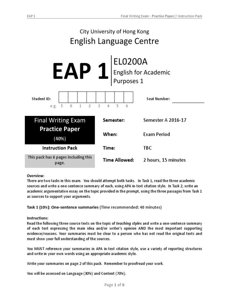 EAP 1 - Final Writing Exam - Practice Exam - Instructions Pack - V1 PDF ...