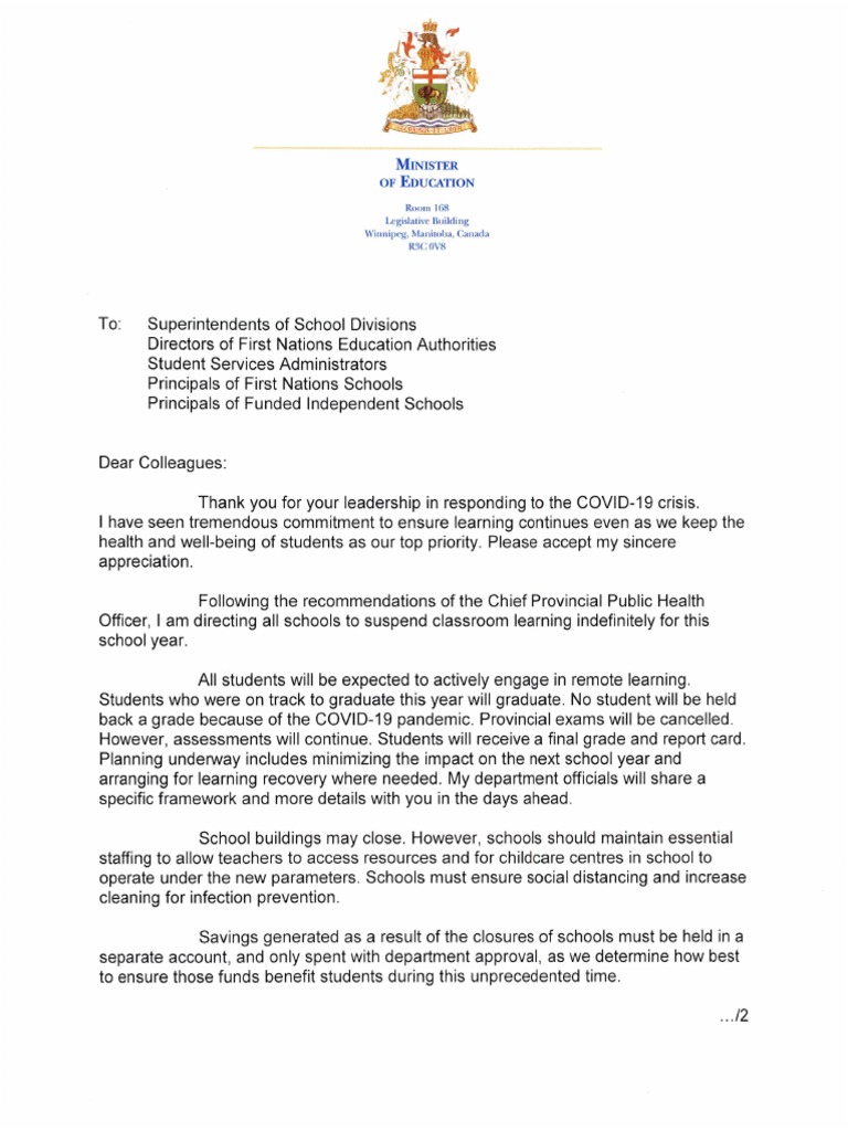 School Division Suspension Letter - March 31, 2020 | PDF