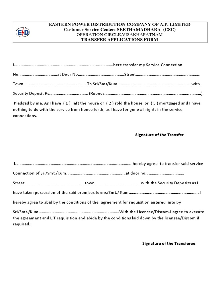 EPDCL Service Connection Transfer Form | PDF | Finance & Money ...