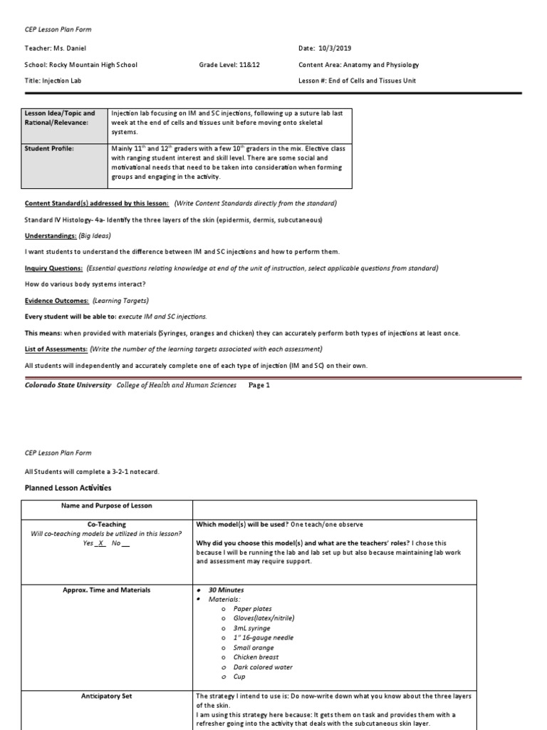 A and P Injection Lab | PDF | Lesson Plan | Injection (Medicine)