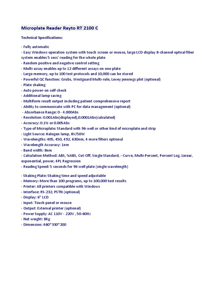 Microplate Reader Rayto RT 2100 C | PDF