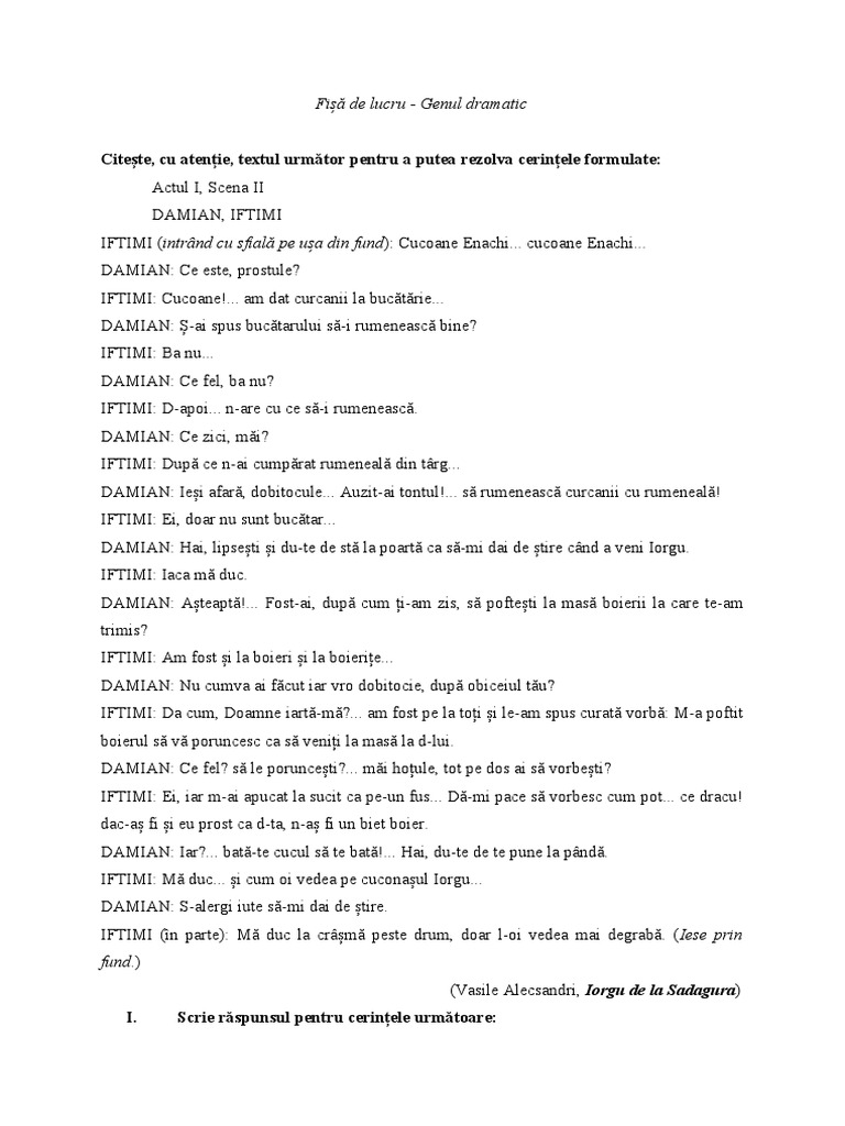 Fisa de Lucru Genul Dramatic Text La Prima Vedere | PDF