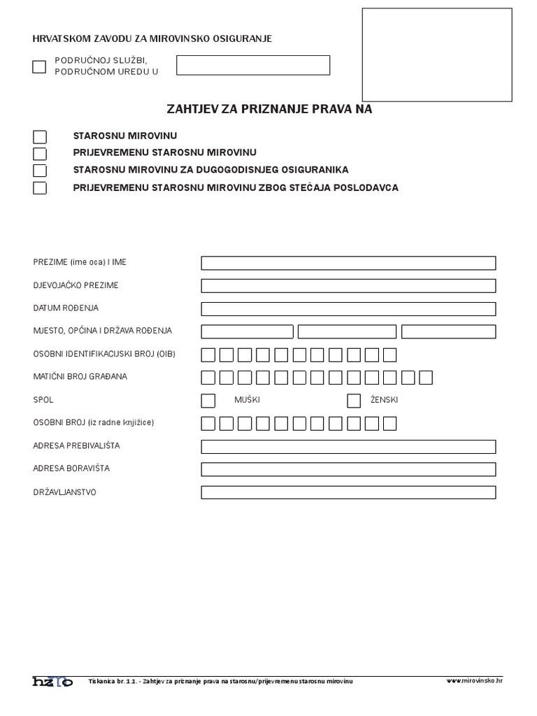 Tiskanica Zahtjeva Br. 1.1. Za Mirovinu PDF | PDF