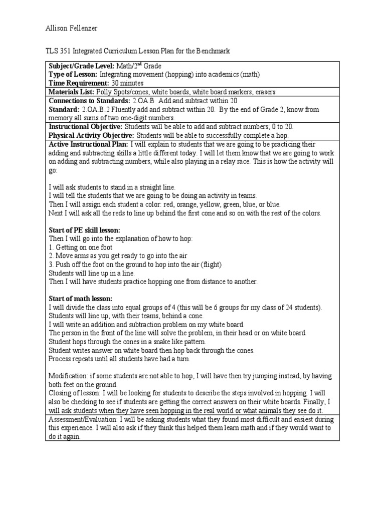Integrated Curriculum Lesson Plan | PDF | Physical Education | Curriculum