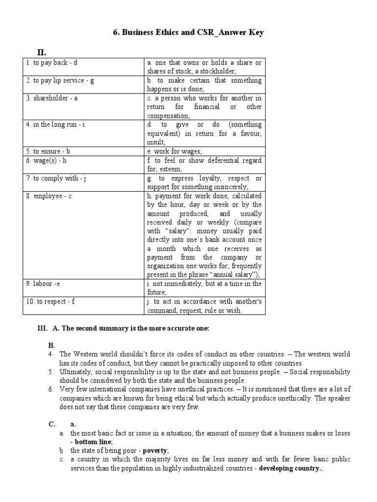 Business Ethics and CSR - Answer Key | PDF | Employment | Salary
