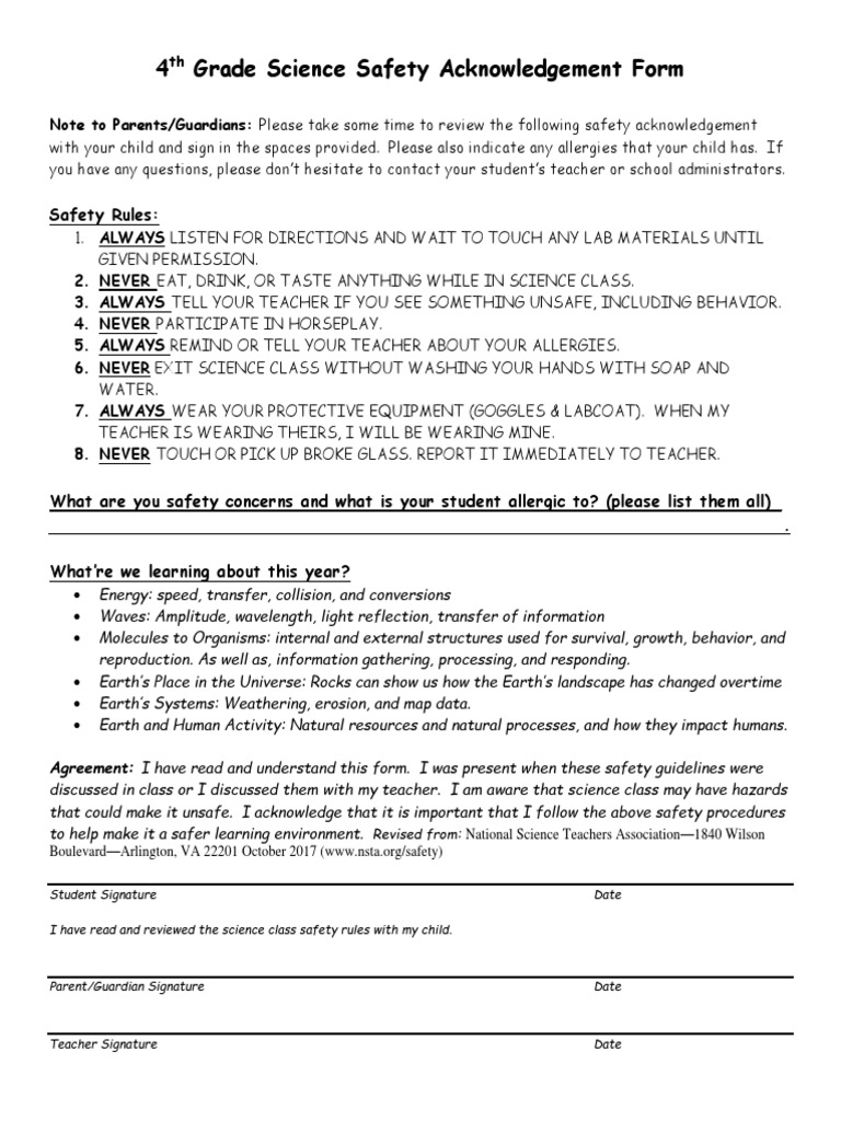 4th Grade Science Safety Acknowledgement Form PDF | PDF | Science | Nature