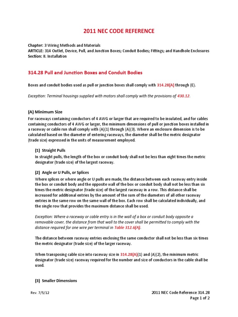 2011 NEC Code 314.28 | PDF | Components | Electric Power