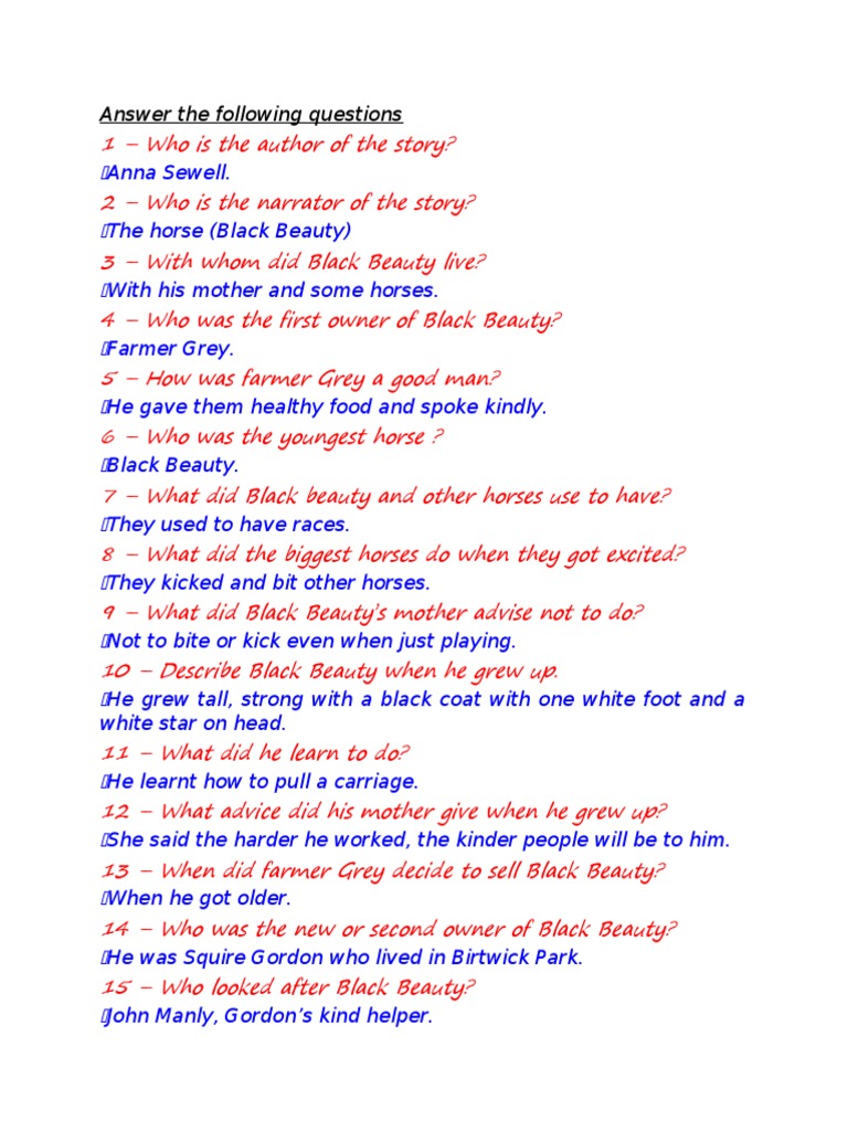 Black Beauty Questions 1st Term | PDF | Black Beauty