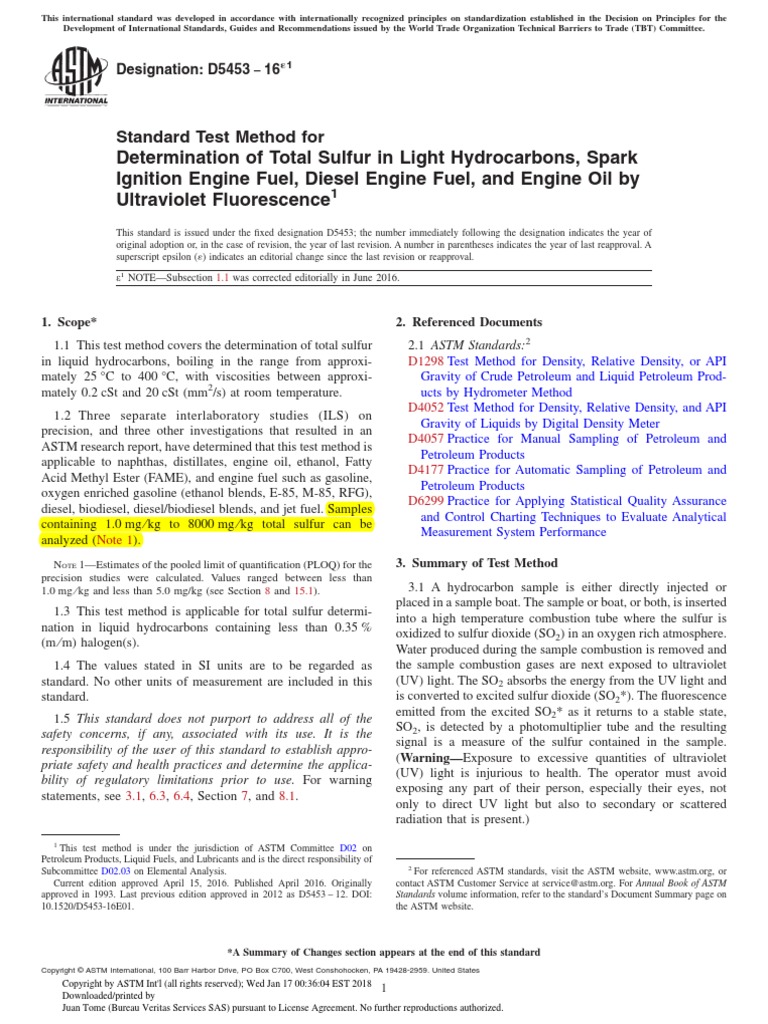 ASTM D5453-16e11 | PDF | Calibration | Sulfur Dioxide