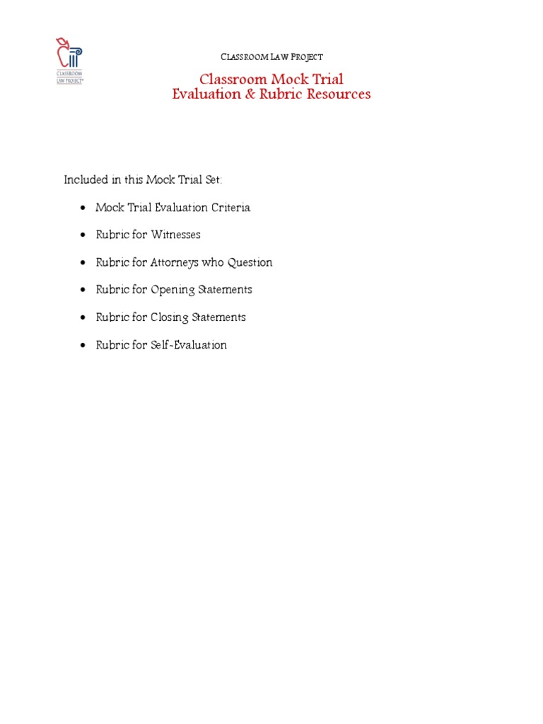 Classroom Mock Trial Evaluations Rubrics PDF | PDF | Witness | Testimony