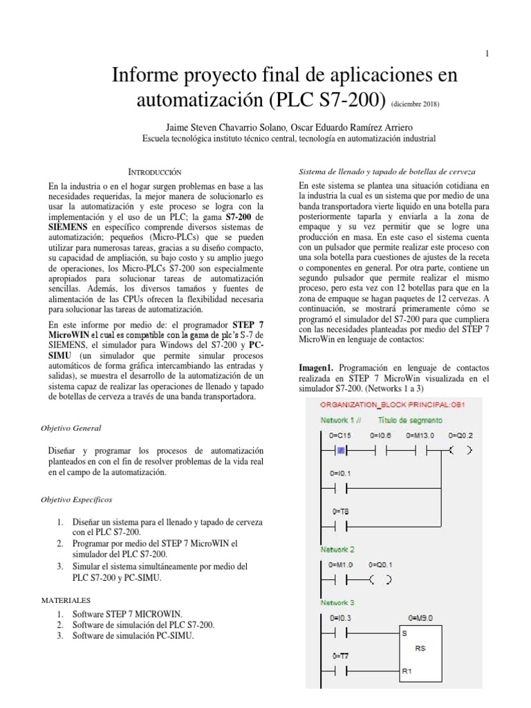 Informe Proyecto Final PLC | PDF | Controlador lógico programable | Automatización