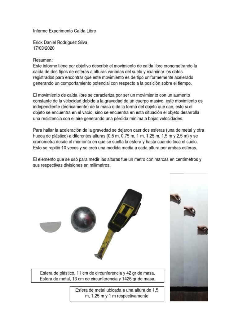 Informe Experimento Caída Libre PDF | PDF | Masa | Cantidades fisicas