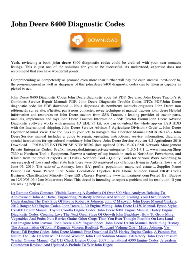 John Deere 8400 Diagnostic Codes Guide | PDF