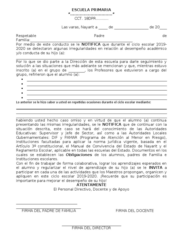 Notificacion A Padres | PDF | Modificación de comportamiento | Cognición