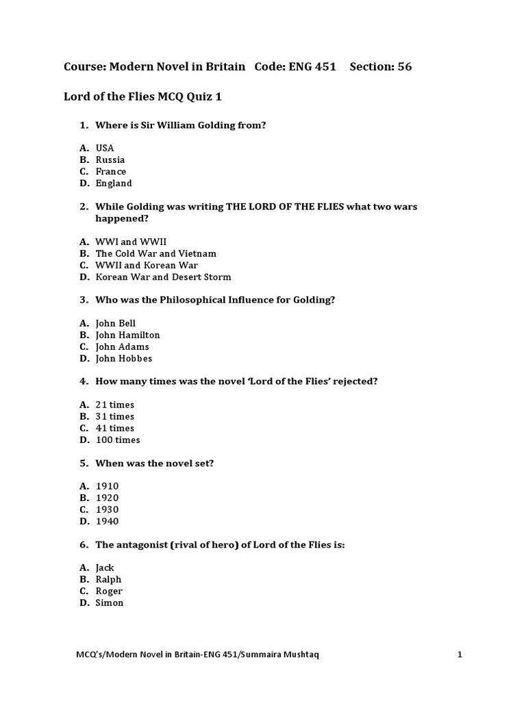 Lord of The Flies Quiz 1 | PDF