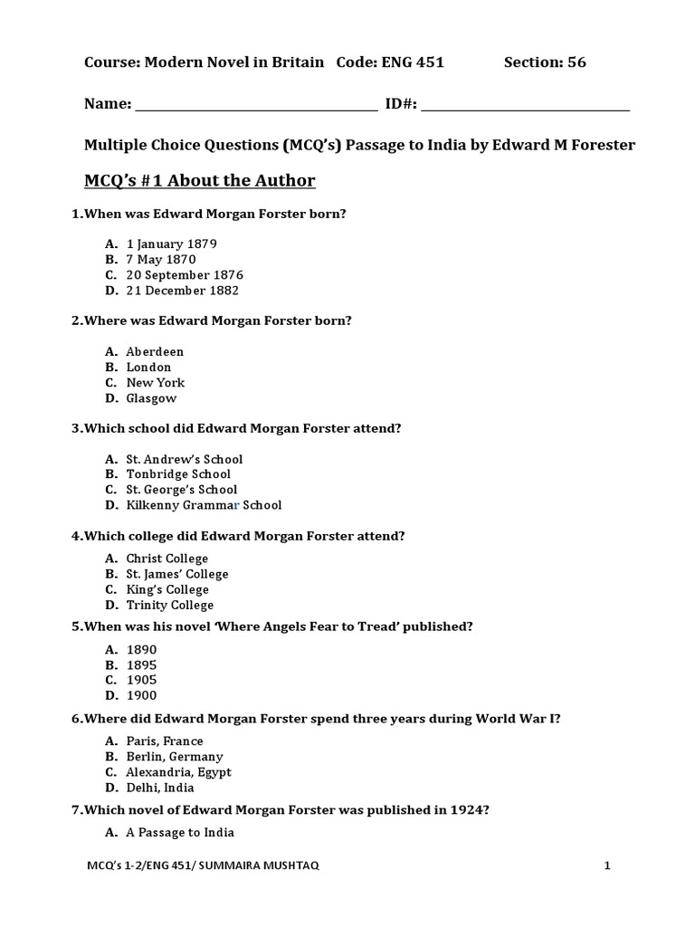 APTI Quiz | PDF | E. M. Forster