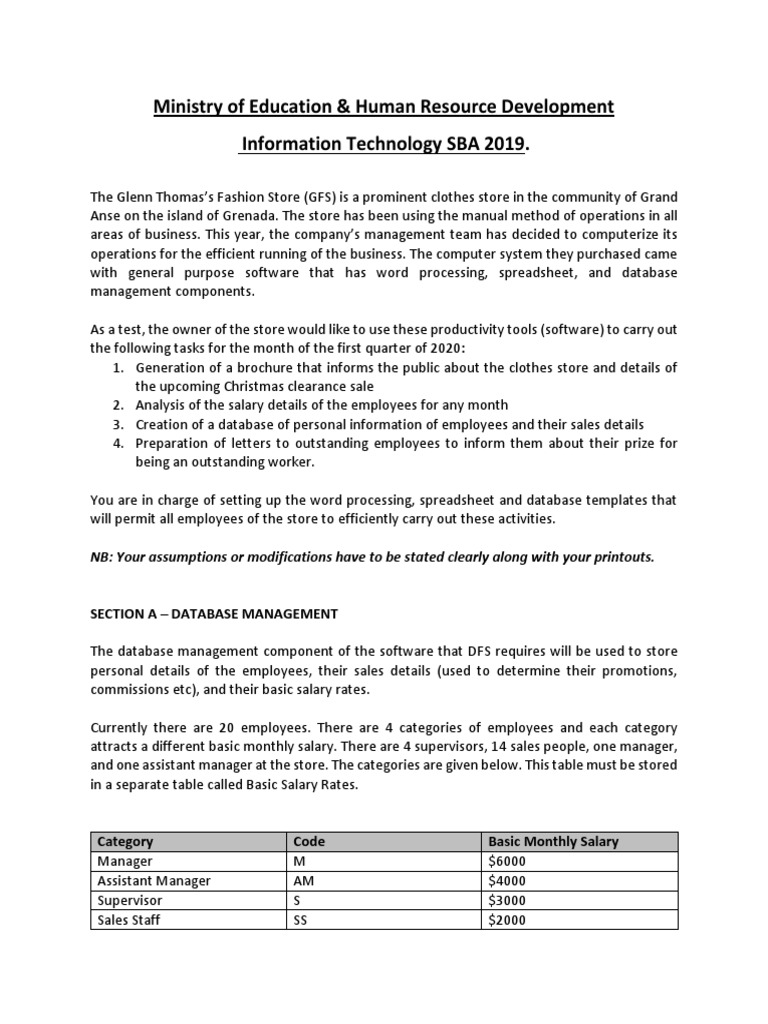 Grenada IT SBA 2019-2020 | PDF | Spreadsheet | Databases