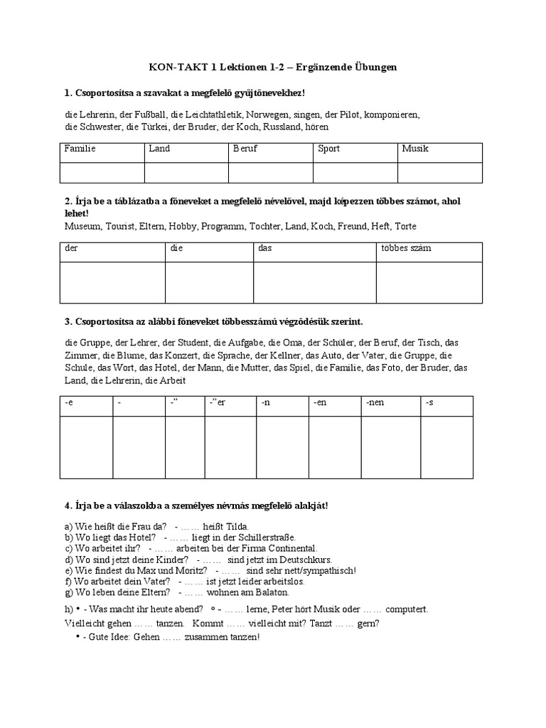 Kon-Takt 1 - Lekt - 1 - 2 - Ergänzende Übungen | PDF