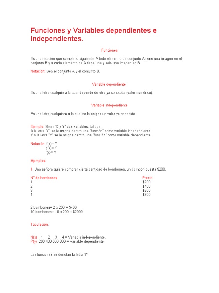 Funciones Y Variables Dependientes E Independientes Pdf Variable