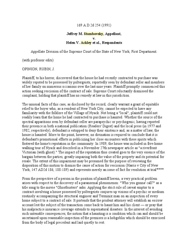 Stambovsky v. Ackley, 169 A.D.2d 254, 1991 | PDF | Common Law | Justice