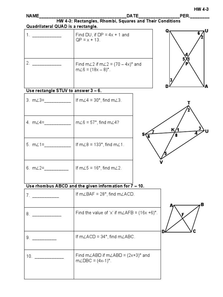 Geometry Worksheet Rectangles Squares And Rhombi