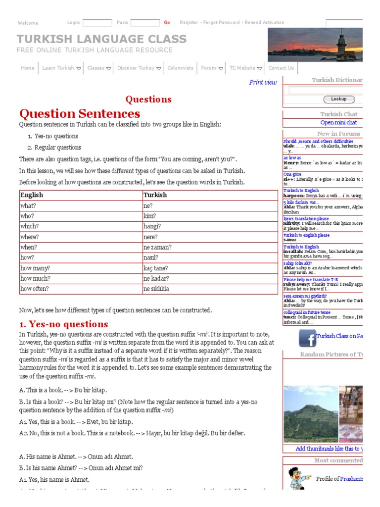 30 Questions - Turkish Language Lessons PDF | PDF | Question | Onomastics
