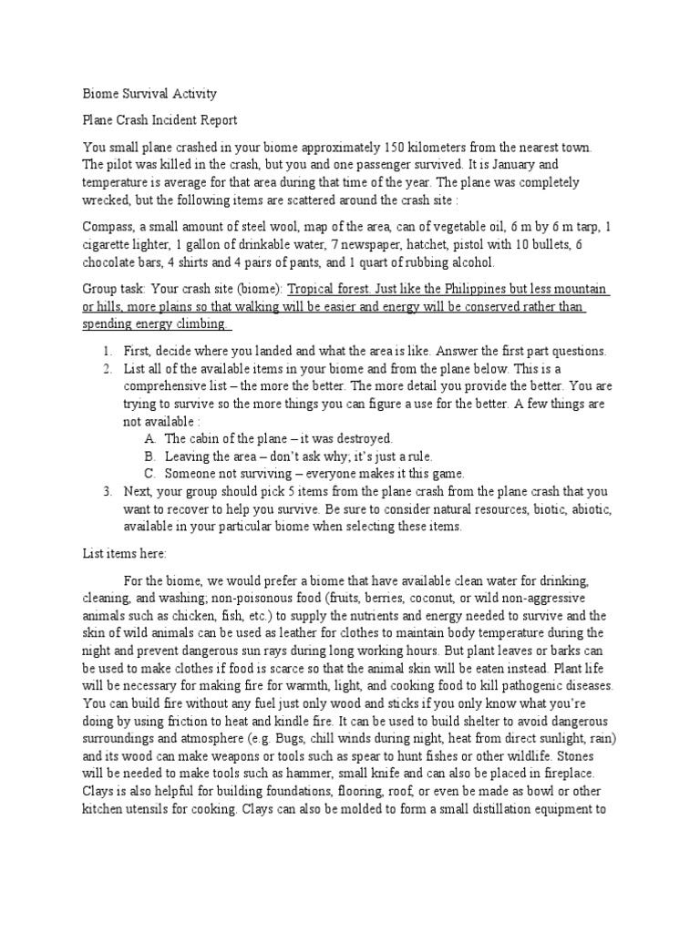 Biome Survival Activity Assignment | PDF | Tools | Water