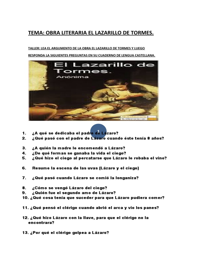 Test. Sobre El Lazarillo de Tormes. | PDF