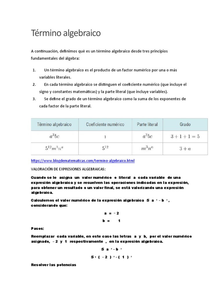 Conceptos Clave de Términos Algebraicos | PDF | Multiplicación ...