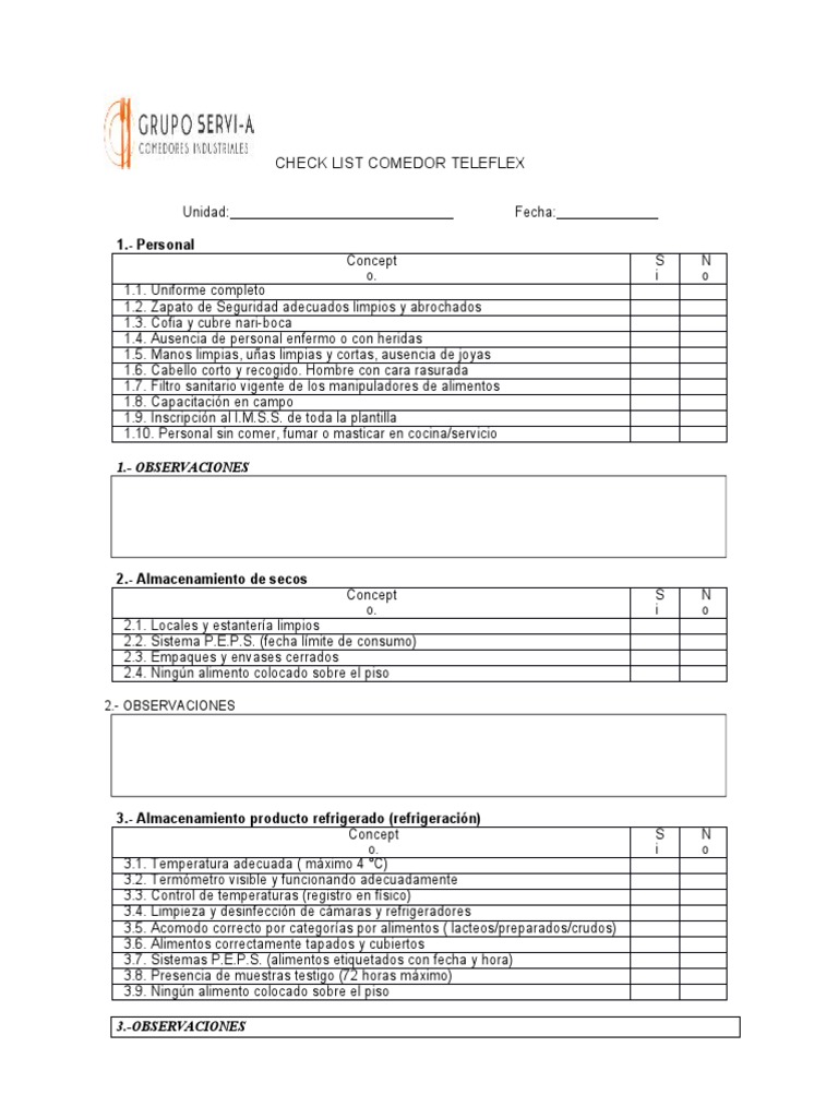 Check List Comedor | PDF | Alimentos | Preparación de comida y bebida