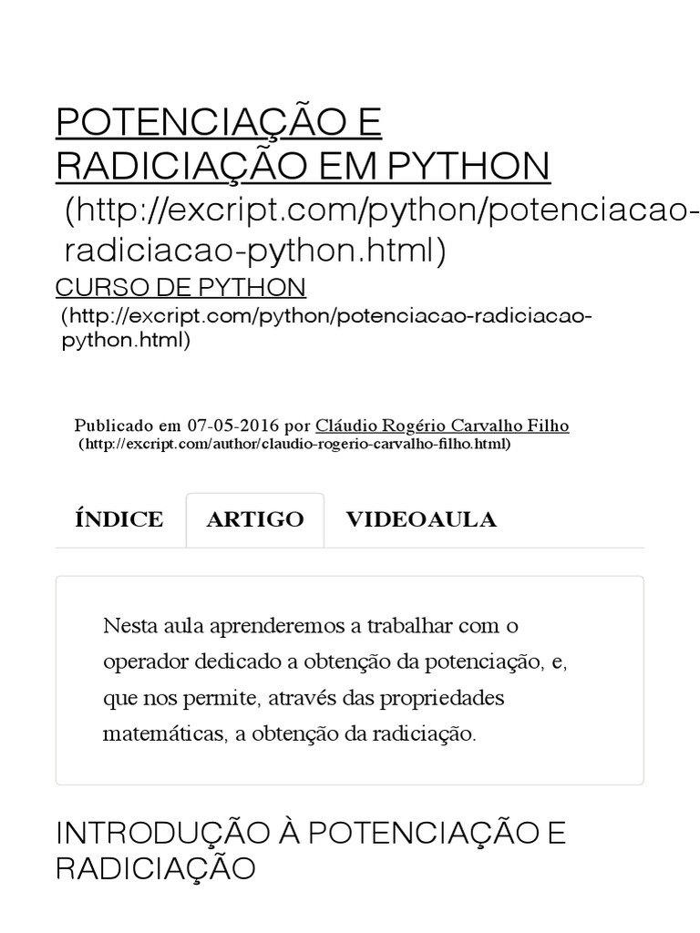 Potenciação E Radiciação Em Python Excript Pdf Exponenciação