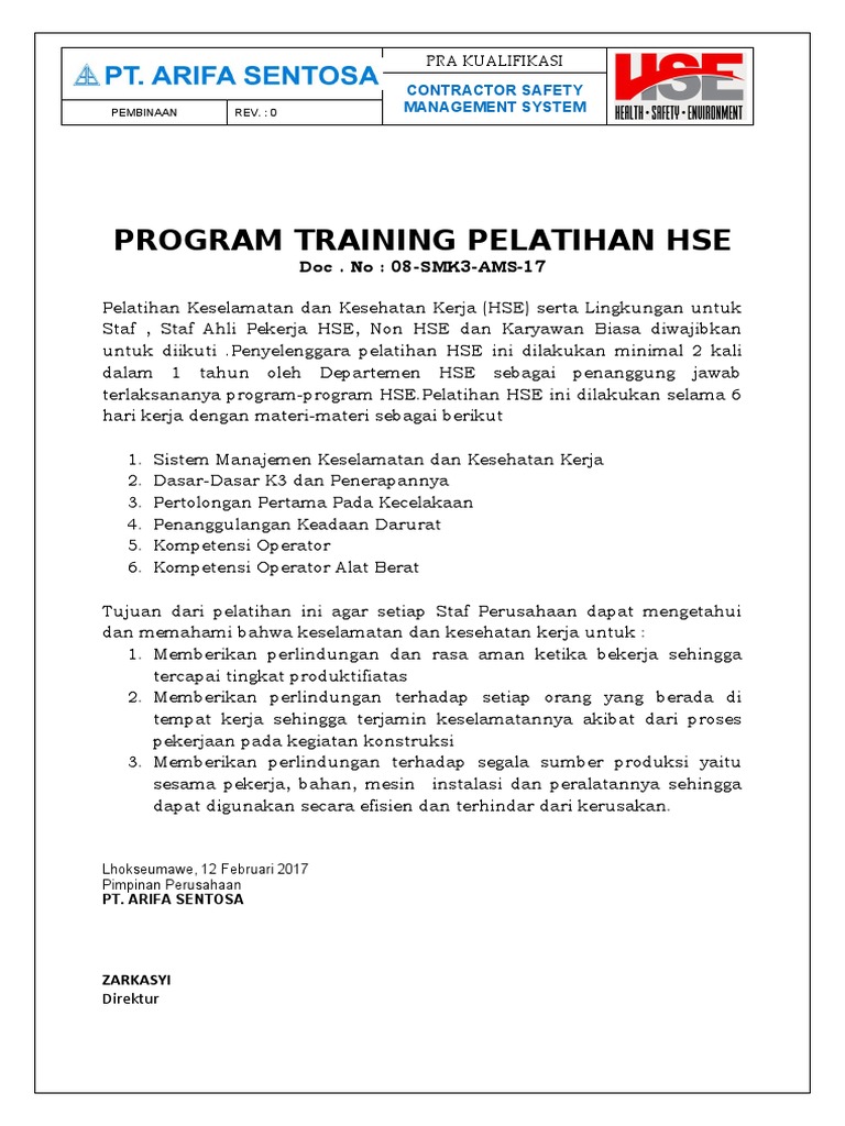 Program Training Pelatihan Hse As | PDF