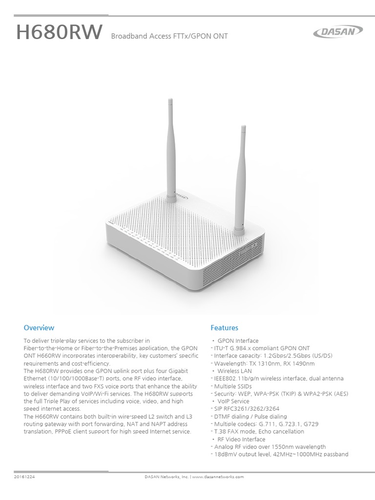 Dasan Ont - H680RW - en - 20161224105522 | PDF | Wi Fi | Voice Over Ip