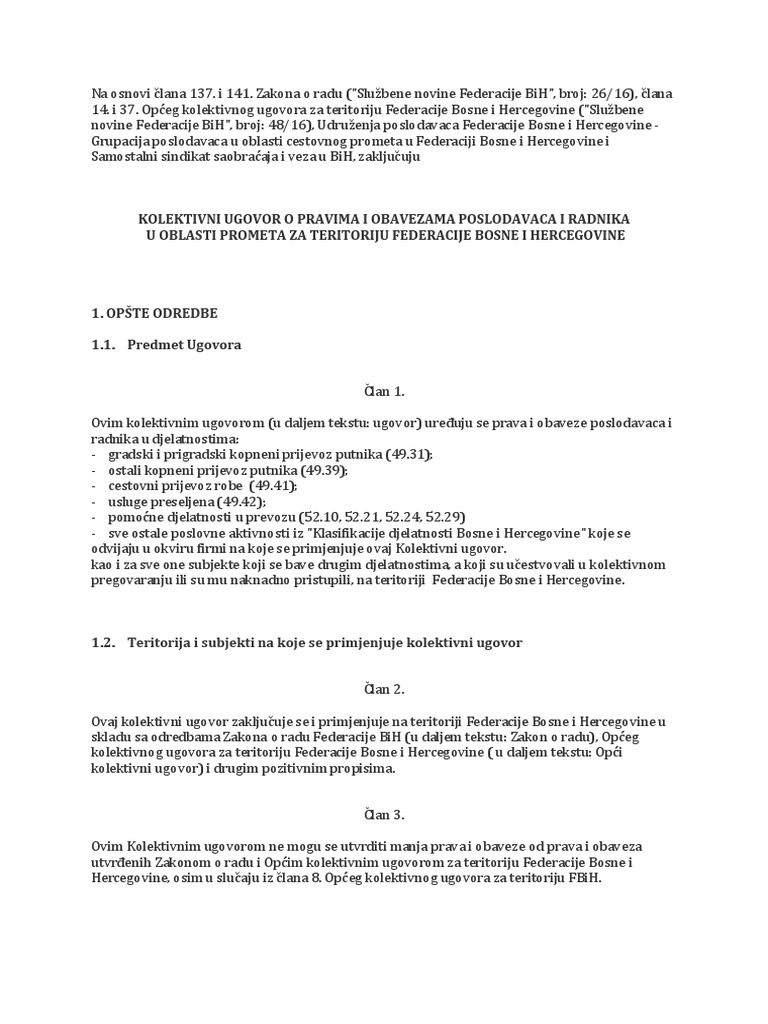 Kolektivni Ugovor o Pravima I Obavezama Poslodavaca I Radnika U Oblasti Prometa Za Teritoriju ...