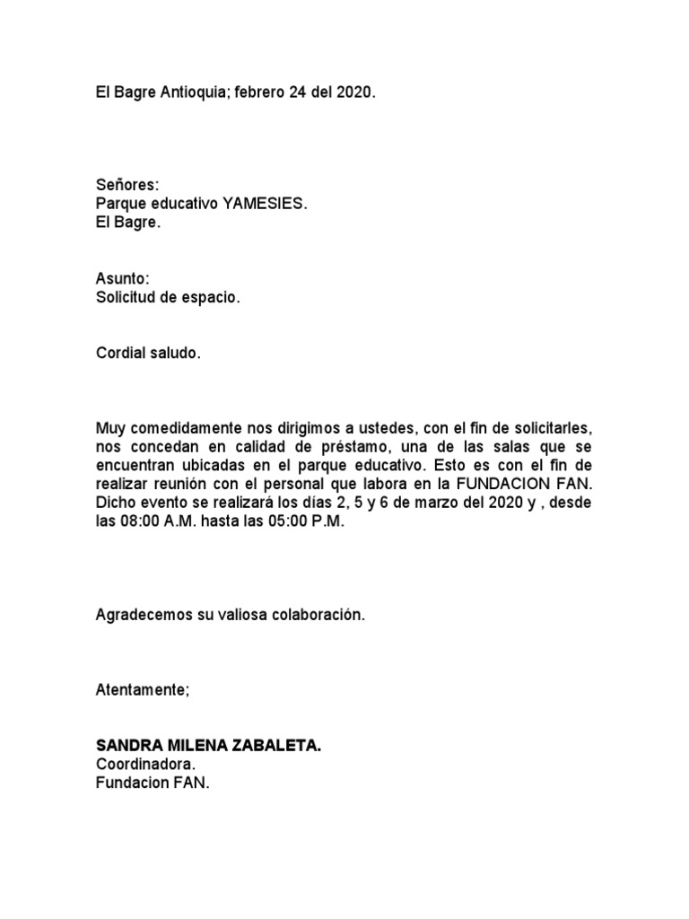 Carta Solicitud de Espacio 2 | PDF