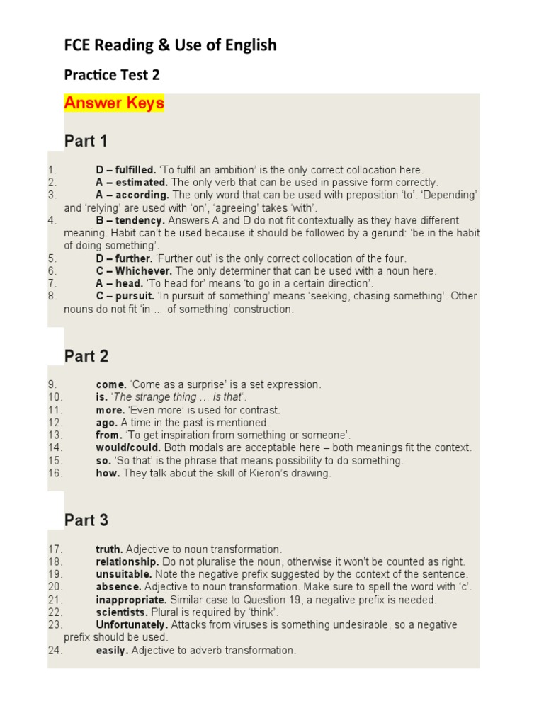FCE Reading Use of English - Practice Test 2 - Key | PDF | Noun | Adjective