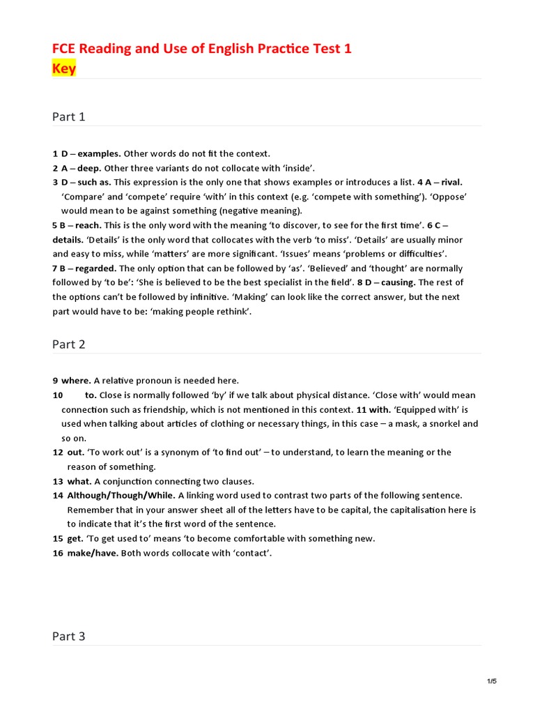 FCE Reading and Use of English Test 1 | PDF | Verb | Sentence (Linguistics)