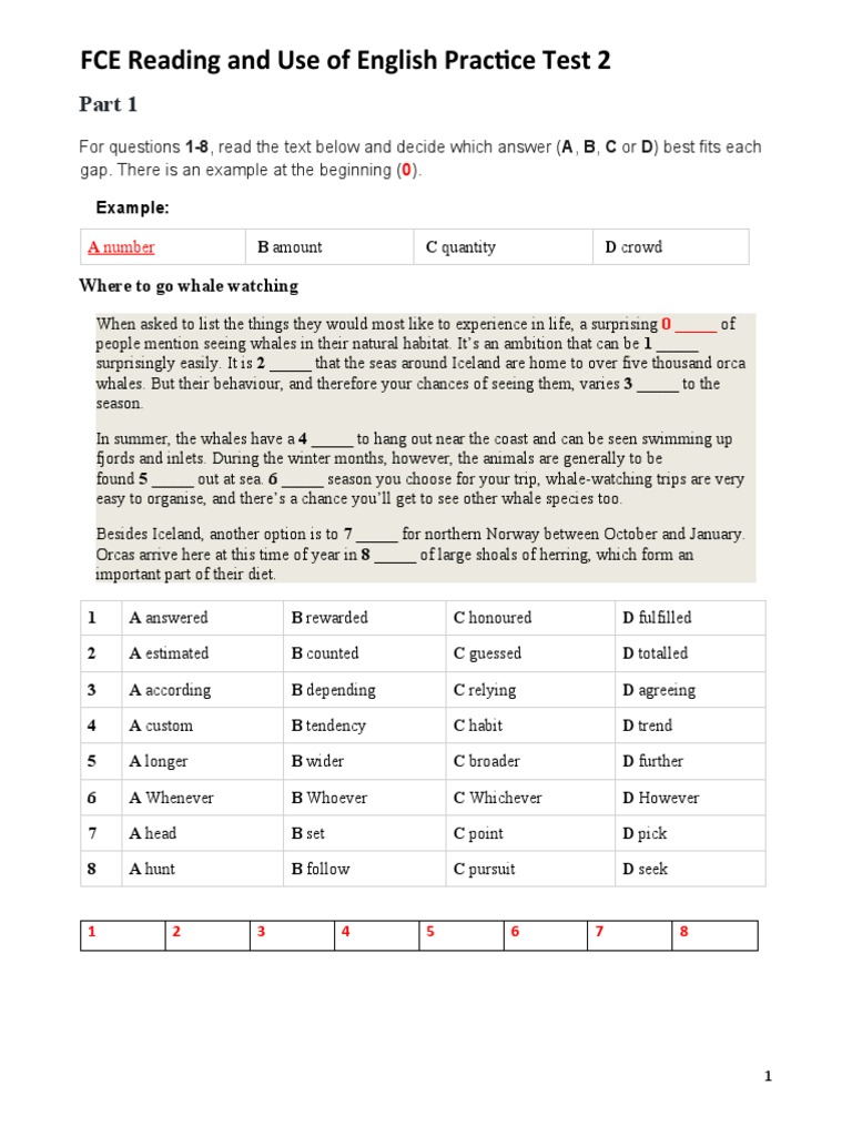 FCE Reading Practice Test 2 Answers | PDF | Whales | Grandparent