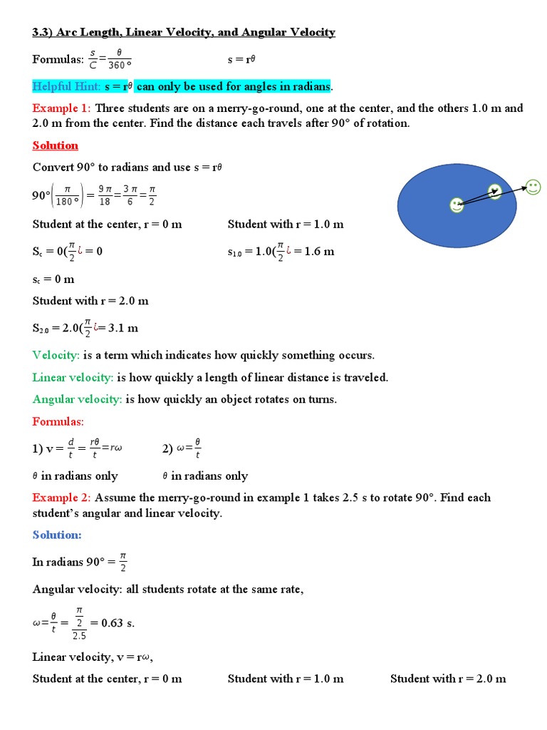 Arc Length, Linear Velocity, and Angular Velocity Formulas | PDF ...