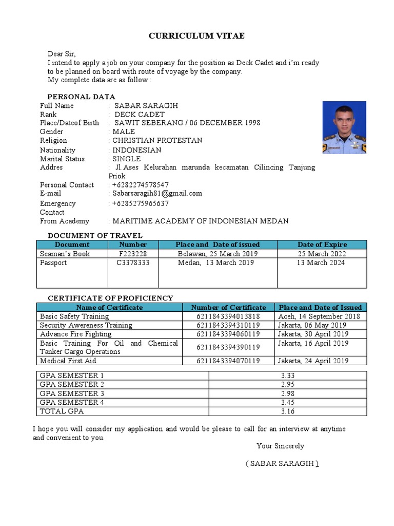 Application for the Position of Deck Cadet: Curriculum Vitae and ...