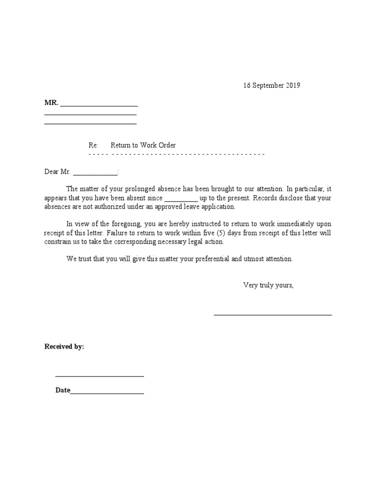 Return To Work Order | PDF