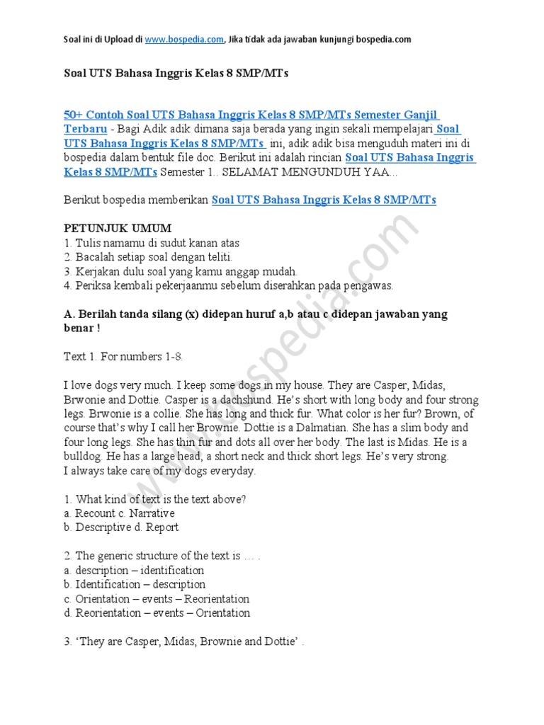 50+ Contoh Soal UTS Bahasa Inggris Kelas 8 SMP MTs Semester Ganjil | PDF | Clothing | Softlines ...