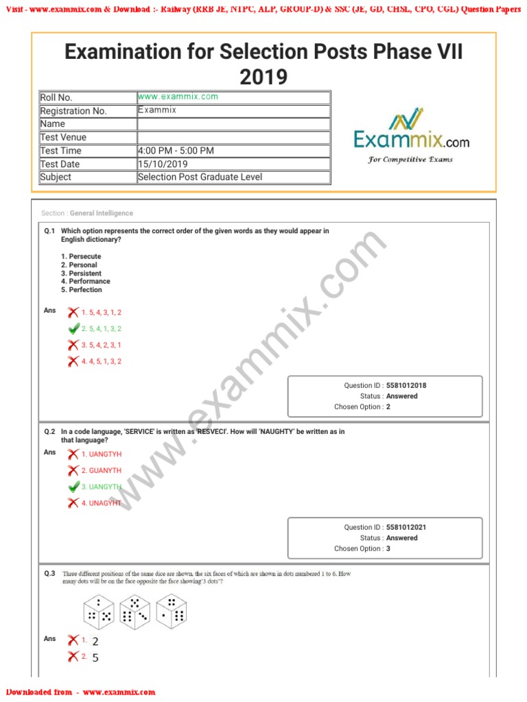 SSC Selection Post Phase VII (2019) Question Paper 15.10.2019 English ...