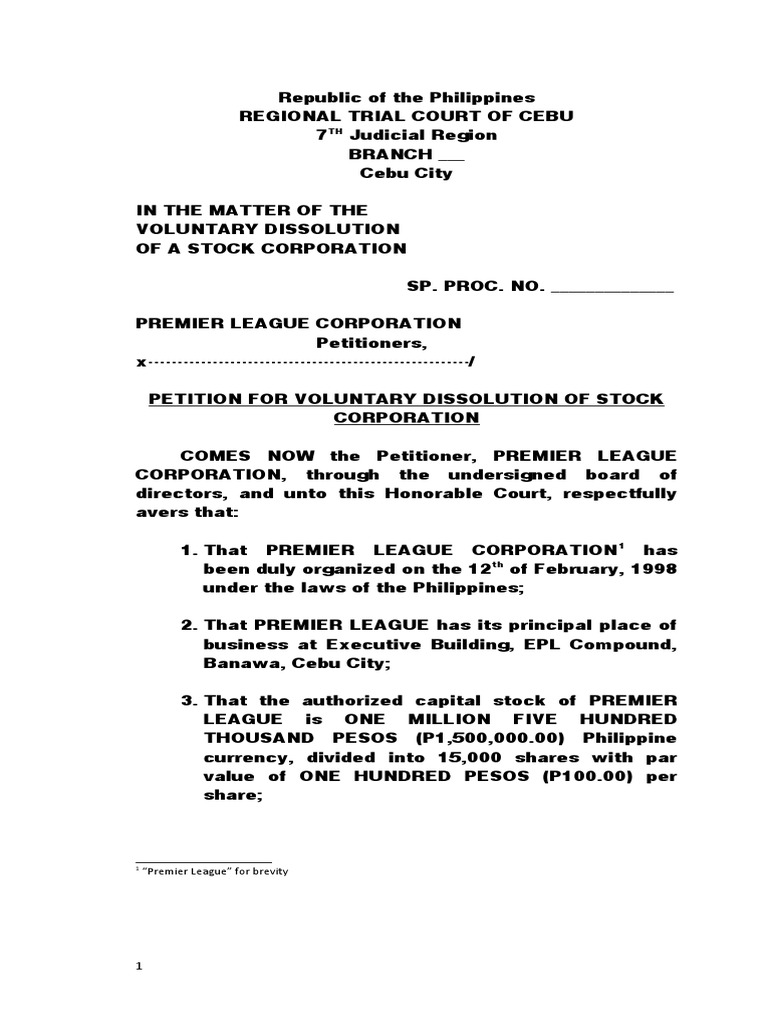Sample Petition For Voluntary Dissolution of Stock Corporation | PDF ...